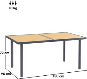 Jídelní stůl Outsunny pro 6 osob, zahradní stůl s obdélníkovým vrchem z oceli s dřevěným efektem, proti rezivění, pro terasu, 150 x 90 x 72 cm, příro…