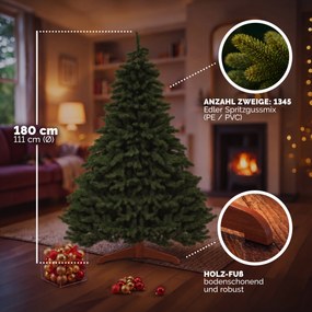 Umělý Vánoční stromek Premium 180cm s Světelný řetěz dřevěný stojan FSC®