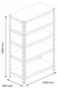 Bezšroubový kovový regál RIVET, 180x150x60 cm, 5x HDF police, zinek