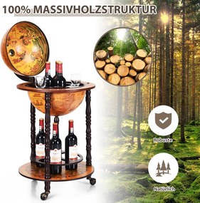 Costway Stojan na víno Rolling Globe Bar na kolečkách na víno, hnědý
