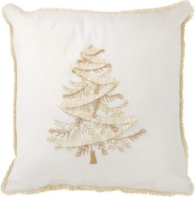 Bílozlatý polštář s vyšívaným stromkem a třásněmi Tree Gold – 45*45*12 cm