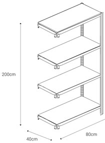 Bezšroubové kovové regál přídavný modul 200x80x40cm T profil, 4 police