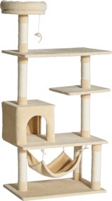 PawHut Velký škrabací strom pro kočky 70x40x152 cm s mnoha plošinami, závěsnou hračkou, prostornou jeskyní, měkkým závěsem a sloupy pro kočky na spáne