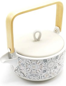 Kameninová konvice Casa Decor, 0,85 l – ve stylu Azulejo, se šedými ornamenty a dřevěnou rukojetí