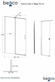 BESCO Walk-in sprchový kout VAYO BARVA rámu - Chrom/Leštěný hliník (ALU), Rozměr A - 90 cm, Rozměr C - 200 cm, Směr zavírání - Univerzální Levé / Pravé, Výplň - Čiré bezpečnostní sklo - 8 mm BCVAYO90CC