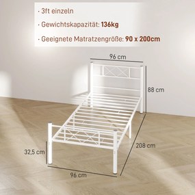 Rám postele HOMCOM pro matraci 200 x 90 cm, 88 cm vysoký jednolůžkový rám z oceli, pro ložnici či pokoj pro hosty, Bílý