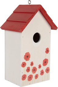 Bílo-červená dřevěná ptačí budka s vlčími máky Birdhouse - 15*10*22 cm