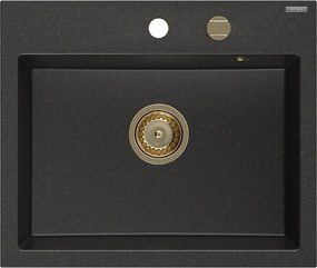 Mexen Oscar, 1-komorový granitový dřez 580x490x205 mm, černá-zlatá metalíza, 6519581000-75-G