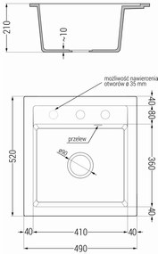 Mexen Vito, granitový dřez 520x490x210 mm, 1-komorový, šedá se zlatým sifonem, 6503521000-71-G
