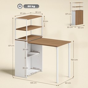 HOMCOM Skládací psací stůl, kuchyňský stůl se 4 policemi, počítačový stůl, pracovní stůl, stůl pro notebook 105 x 60 x 127 cm, přírodní dřevo