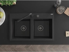 Mexen Hektor, 2-komorový granitový dřez 800x480x205 mm, černá-stříbrná metalíza, grafitový sifon, 6521802000-73-B