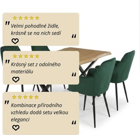 Vikio Jídelní set pro 4 osoby 160x90 cm soft dub noha X zelená židle s područkami VJS226-4Z