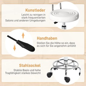 HOMCOM nastavitelná otočná stolička na kolečkách s opěradlem, bílá PU — výška 70–86 cm