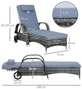 Zahradní nábytek Outsunny zahradní lehátko s poduškou, polyratan a kov, šedé, nastavitelné 200x73x30-103cm pro zahradu a terasu | Aosom.de