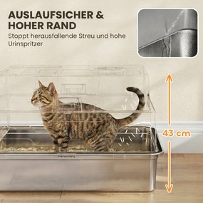 PawHut XXL nerezová toaleta pro kočky, objem 130 l — výklopné víko 180°, vysoké boky, lopatka a nášlap — pro až 3 kočky (do 10 kg každá) — 70 x 50 x …
