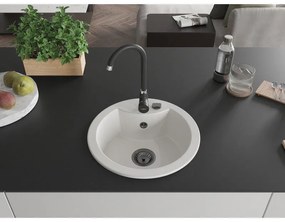 Mexen Diego, granitový dřez 488x488x167 mm, 1-komorový, bílá s černým sifonem, 6512481000-20-B