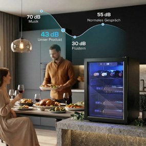 HOMCOM Chladnička na víno pro 16 lahví, kapacita 48 l, 4–16 °C, vestavná chladnička na nápoje a pivo, se skleněnými dveřmi, LED osvětlení