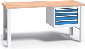 Pracovní stůl do dílny G3 se závěsným boxem na nářadí, buková spárovka, 4 zásuvky, pevné kovové nohy, 1500 mm, modrá