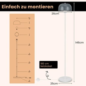 Costway Stojací lampa 146 cm s nožním spínačem a paticí E 27 a stínidlem lampy