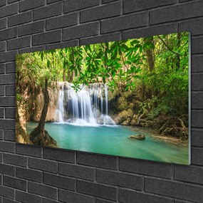 Obraz na skle Vodopád Jezero Les Příroda 140x70 cm