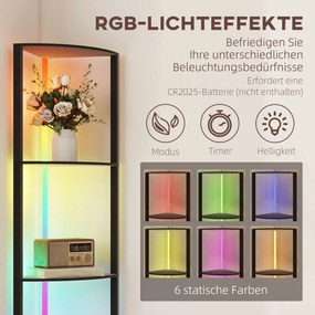 HOMCOM LED stojací lampa, 5stupňově stmívatelná lampa s policí, RGB měnění barev, dálkové ovládání B31-552V90BK