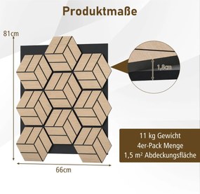 Costway 4 Kusy akustických panelů na stěny s 9 Šestihranné dřevěné panely