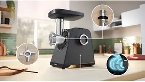 Bosch MFWS430B stříbrná, černá / Mlýnek na maso / 1900 W / 2,5 kg/min