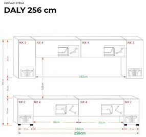 Ral Obývací stěna DALY 6, 256 cm - Bílo/černý lesk