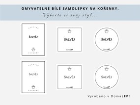 ŠALVĚJ - omyvatelná samolepka na kořenky, výběr rozměrů Ø 5 cm / 5 x 5 cm / 6 x 8 cm | DomaLEP tvar: ČTVEREC, barva: BÍLÁ - ČERNÉ písmo, velikost: š. 5 cm x v. 5 cm - tučné písmo