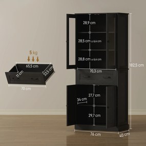 HOMCOM vysoká kuchyňská skříň, 2 přihrádky, akrylátové dveře, nastavitelná police a zásuvka, černá, 76 x 40 x 182,5 cm