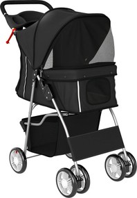 PawHut Skládací kočárek pro psy s reflexními pruhy Úložný koš Polštář pro malé psy do 10 kg 77x44x102 cm Černá barva