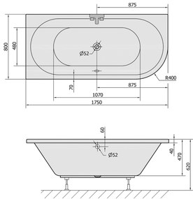 Polysan VIVA L asymetrická vana 175x80x47cm, bílá, 70119