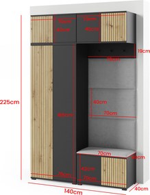 Eka Předsíňová stěna s čalouněnými panely Joey 3 - Černá a Dub Artisan / Olivová 2312