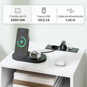 Noční stolek HOMCOM s nabíjecí stanicí, šuplíkem, 2 zásuvkami, USB & USB‑C, otevřenou policí, borovicové nohy, bílý