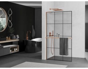 Mexen Kioto+ L, sprchová zástěna Walk-In s poličkou a věšákem 100 x 200 cm, 8mm čiré sklo černý vzor, ​​měděný matný profil, 800-100-123-65-77
