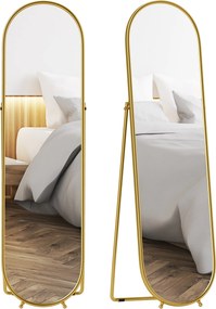 HOMCOM oválné celoformátové volně stojící zrcadlo, 50 × 180 cm — nerozbitné sklo, kovový rám a stojan, zlaté — ložnice, obývací pokoj, předsíň | Aosom
