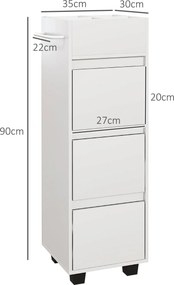 HOMCOM Koupelnová skříňka se skladovacím prostorem a 4 přihrádkami nahoře, 3 šuplíky a držákem na ručníky pro úzké prostory, 35 x 30 x 90cm, Bílá