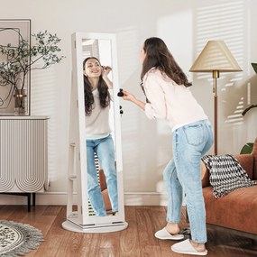 HOMCOM 360° Rotující Šperkovnice se Zrcadlem, Šperkovnice se Zámkem, Celoplošné Zrcadlo se 3 Policemi na Zadní Straně a 2 Šuplíky, 55x55x161 cm, Bílá