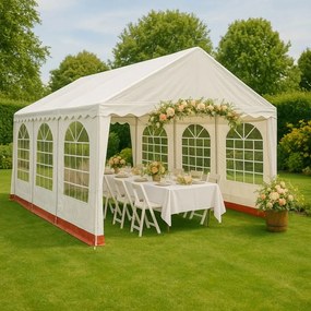 Zahradní párty stan 6×4 m, bílý a červený pruh, PVC 400 g/m²
