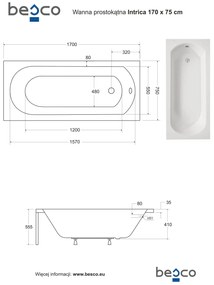 BESCO Obdélníková vana INTRICA Nožičky k vaně - Bez nožiček, Rozměr vany - 170 × 75 cm - VANINTRICA170