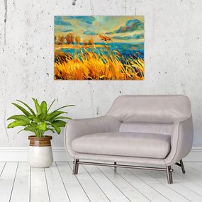 Skleněný obraz - Západající slunce nad jezerem, akrylová malba (70x50 cm)