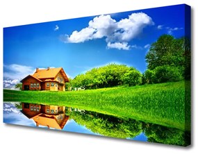 Obraz na plátně Dům Jezero Tráva Příroda 100x50 cm