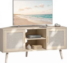 HOMCOM rohový televizní nábytek 115 cm, nábytek pod televizi pro televize až 65 palců, 2 ratanové dveře, 2 přihrádky, dub