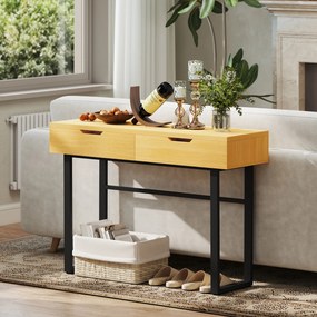 HOMCOM Úzký konzolový stolek se 2 zásuvkami, průmyslový kovový rám, přírodní – 110 × 35 × 76,5 cm