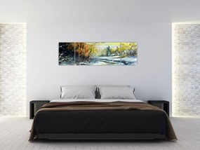 Obraz zimní řeky, olejomalba (170x50 cm)
