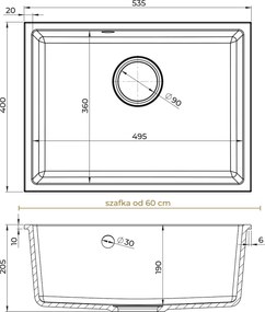 Sink Quality Crypton 60, kuchyňský granitový dřez 535x400x205 mm + černý sifon, bílá, SKQ-CRY.W.1KBO.60.XB