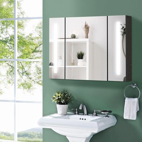 kleankin Koupelnová zrcadlová skříňka na stěnu z MDF se 3 skříňkami, 3 policemi a LED světlem, 90x15x65 cm, černá