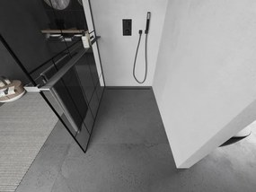 Mexen Kioto+ L, sprchová zástěna Walk-In s poličkou a věšákem 80 x 200 cm, 8mm čiré sklo černý vzor, ​​grafitový profil, 800-080-123-95-78