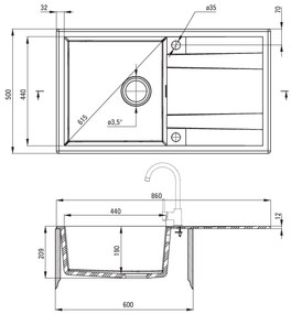 Deante Eridan, granitový dřez na desku 860x500x203 mm Z/O, 3,5" + prostorově úsporný sifon, 1-komorový, černá, ZQE_N113