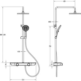 Mexen Axis, sprchová souprava se skleněnou poličkou, zlatá lesklá-černá, 78112-75